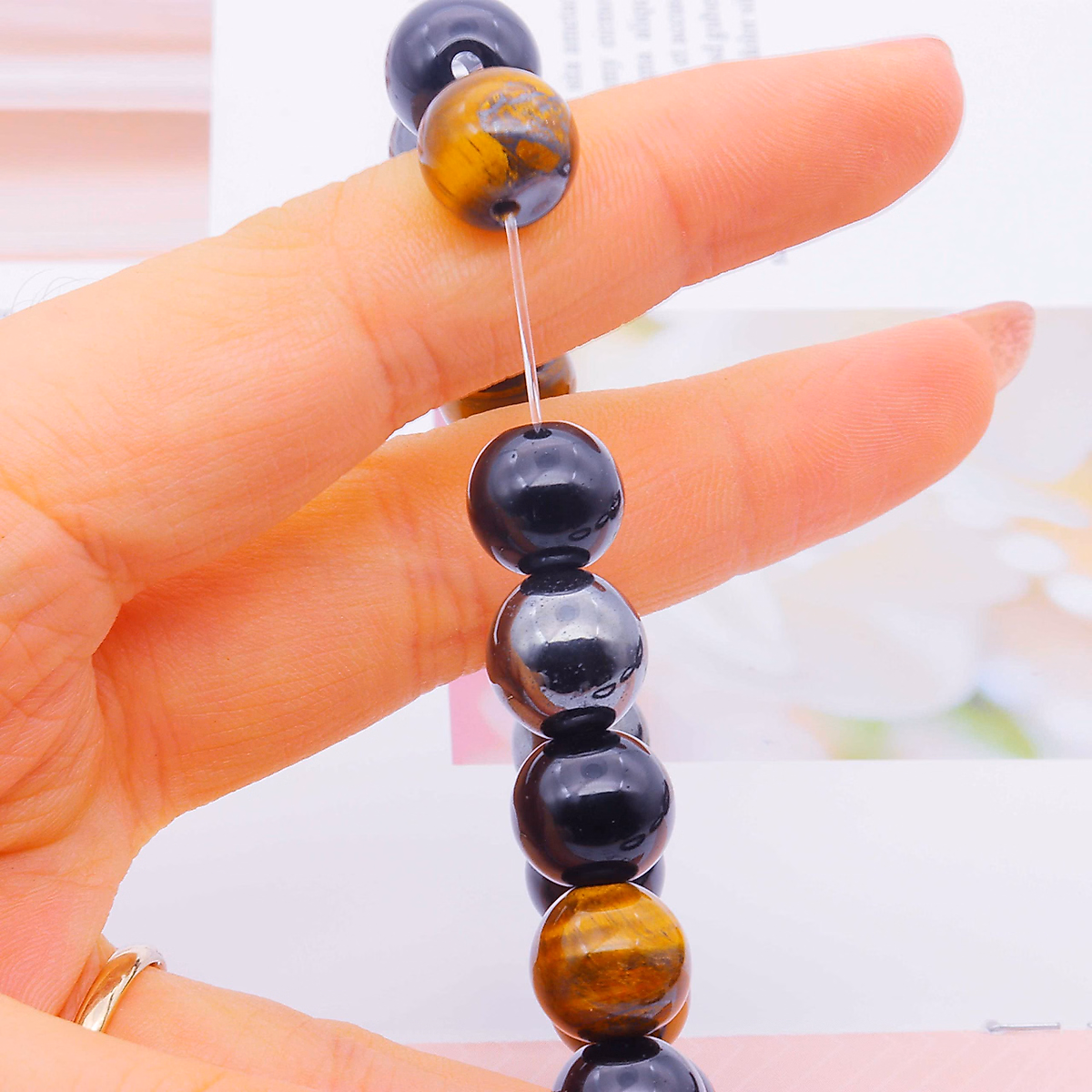 CJIAYUJEW 10mm Mens Beaded Bracelets, Initial Letter Triple Protection Bracelets for Women, Natural Tiger Eye Black Obsidian Hematite Beads Elastic Bracelets (C)