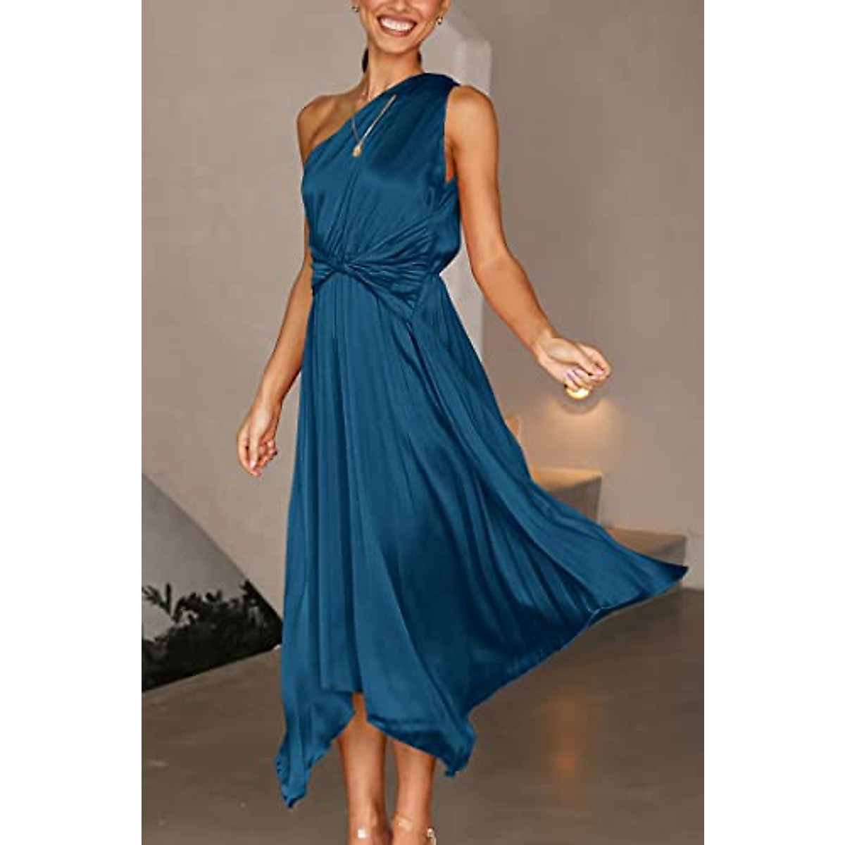 PRETTYGARDEN Women's Summer Long Satin Dress One Shoulder Sleeveless Ruched Twist Flowy Maxi Dresses (Lake Blue,Small)