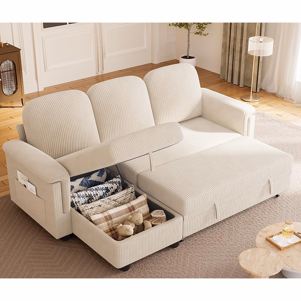 YESHOMY Sleeper L-Shaped Couch Sofa Bed Convertible Sectional Pull Out Couches,with Storage Space,for Living Room,Corduroy(Light Beige)
