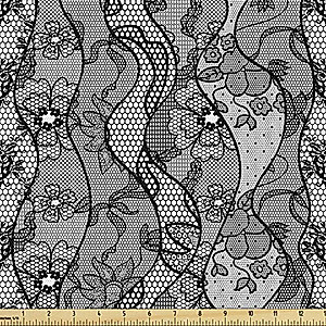Ambesonne Floral Fabric by The Yard, Lace Gothic Pattern with Flower Effect and Leaves Ornamental Antique Feminine Design, Decorative Fabric for Upholstery and Home Accents, 1 Yard, Black Grey