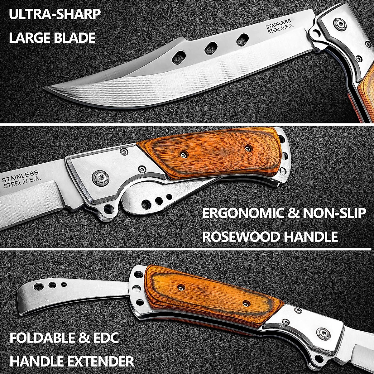MADSABRE 12.7" Large Folding Knife Tactical Knives with Rosewood Handle and Sheath - 7.2" Long Blade Big Pocket Knife for Men for EDC Survival Hunting Camping Hiking Tools