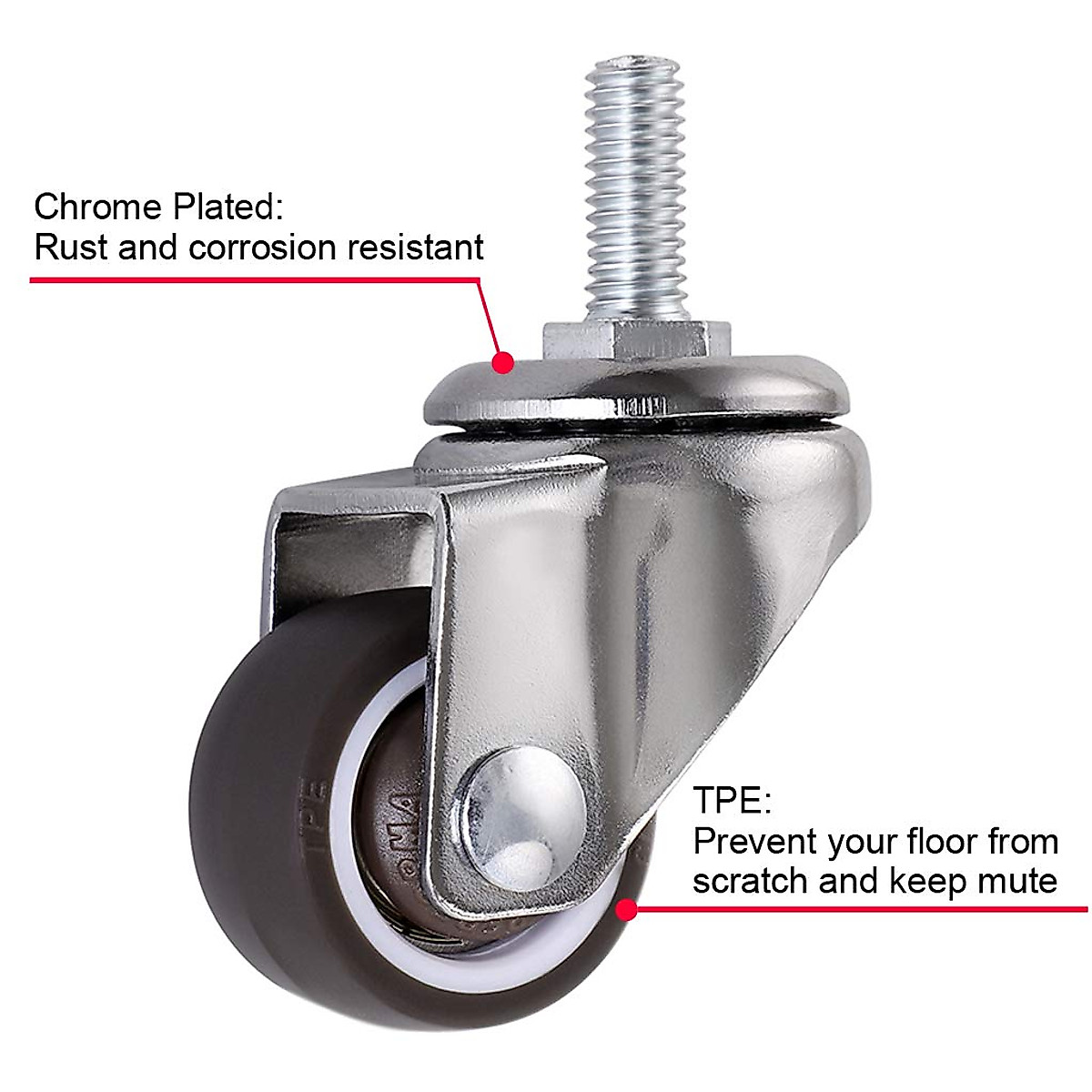 Skelang 4 Pcs 1" Swivel Stem Threaded Casters, TPE Mute Caster Wheel M6 ×15, Replacement for Carts Trolley, Baby Bed, Furniture Cabinet, Table, Total Load Capacity 99Lbs