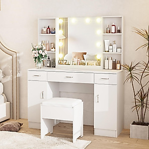 Vabches Vanity with Lighted Mirror, Large Vanity Desk Makeup Vanity Table Set with Comfortable Bench and Side Cabinets, Lots Storage, 45.2inch, White