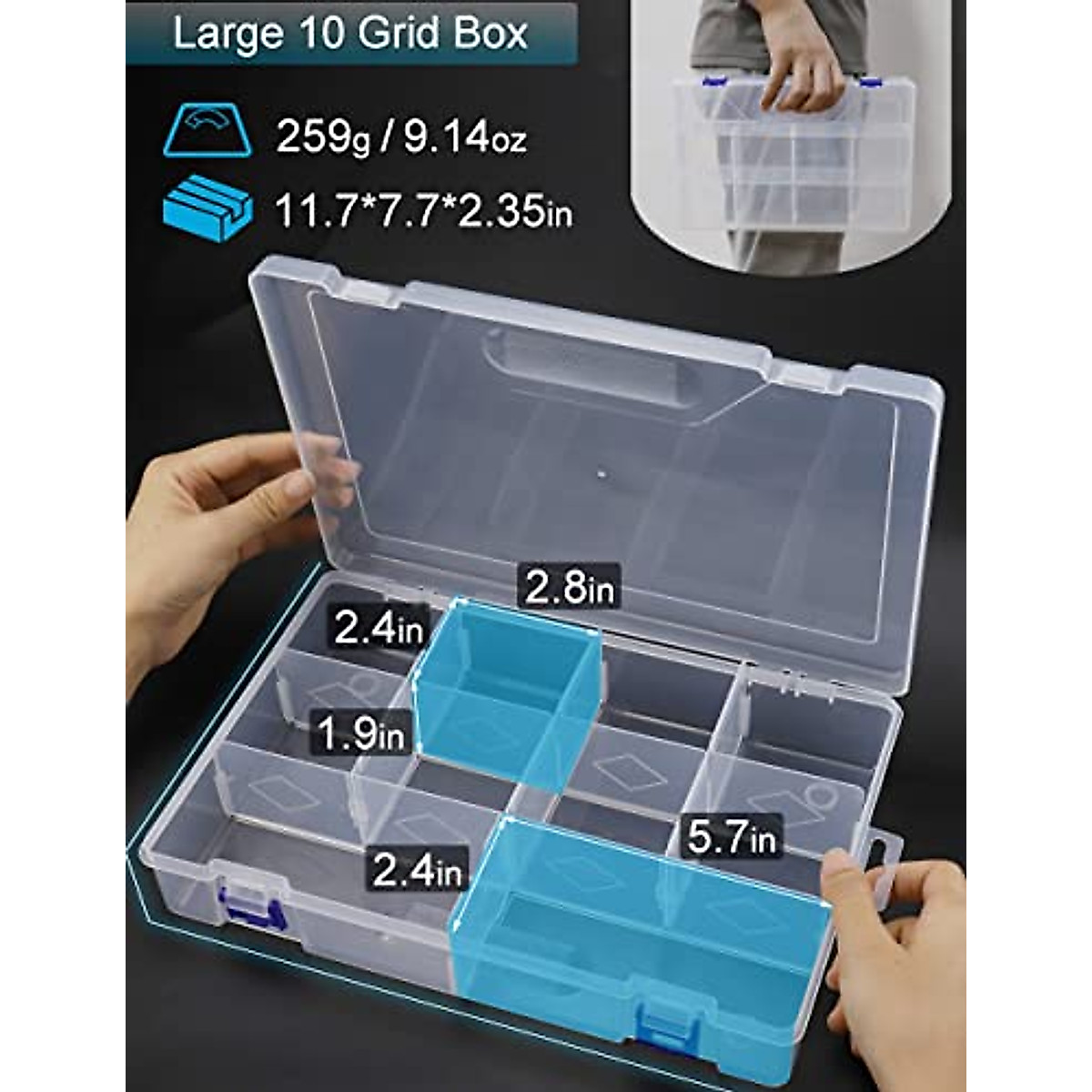 Beoccudo Tackle Box Beads Organizer Tackle Boxes with Dividers Plastic Storage Large 10 Grids Box Jewelry Compartment Container (10 Grids Box, 2 Pack)