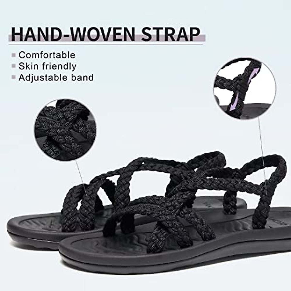 MEGNYA Comfort Braid Strap Sandals for women, Athletic Sport slides with Adjustable Waterproof Ropes, Open Toe Hiking Sandals with Cushion Foam Rubber Soles Black Size 6
