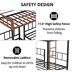 INCLAKE Triple Bunk Bed, Metal Twin Over Twin & Twin Bunk Beds for 3 with Guardrails, Ladder & Upper-Bed Platform, Detachable 3 Bunk Beds for Children, Teens, Adults, No Box Spring Needed, Black