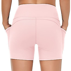 THE GYM PEOPLE High Waist Yoga Shorts for Women's Tummy Control Fitness Athletic Workout Running Shorts with Deep Pockets (Medium, Pink)