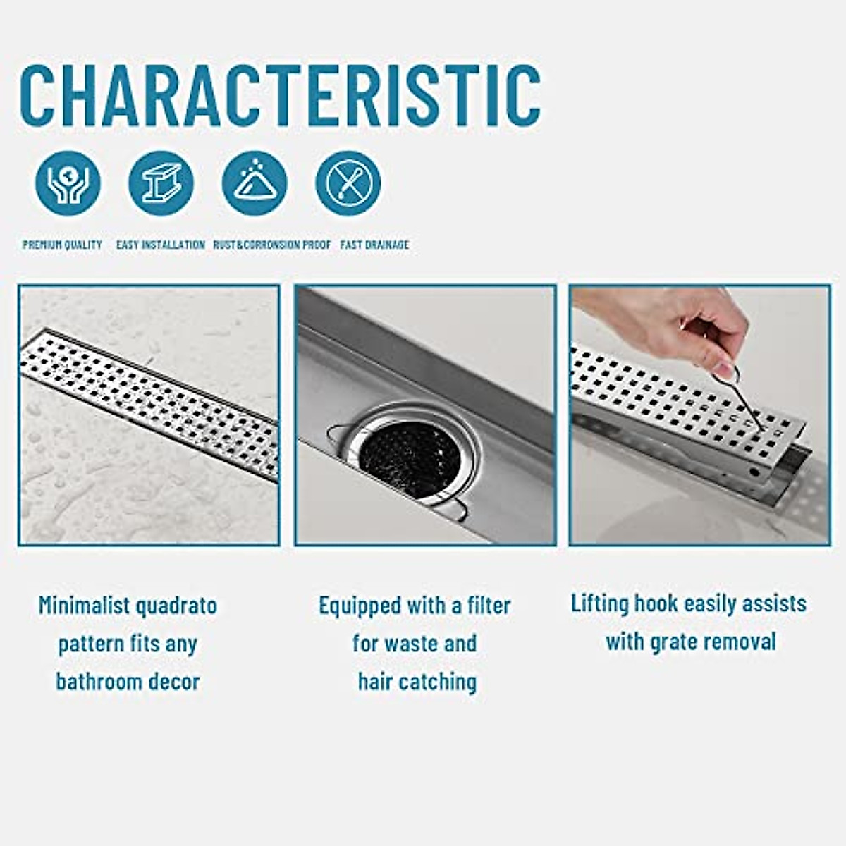24 Inch Linear Shower Drain Brushed Nickel,304 Stainless Steel Floor Drain for Bathroom, Rectangular Shower Floor Drain with Grate Removable with Hair Strainer from Le Bijou Collection