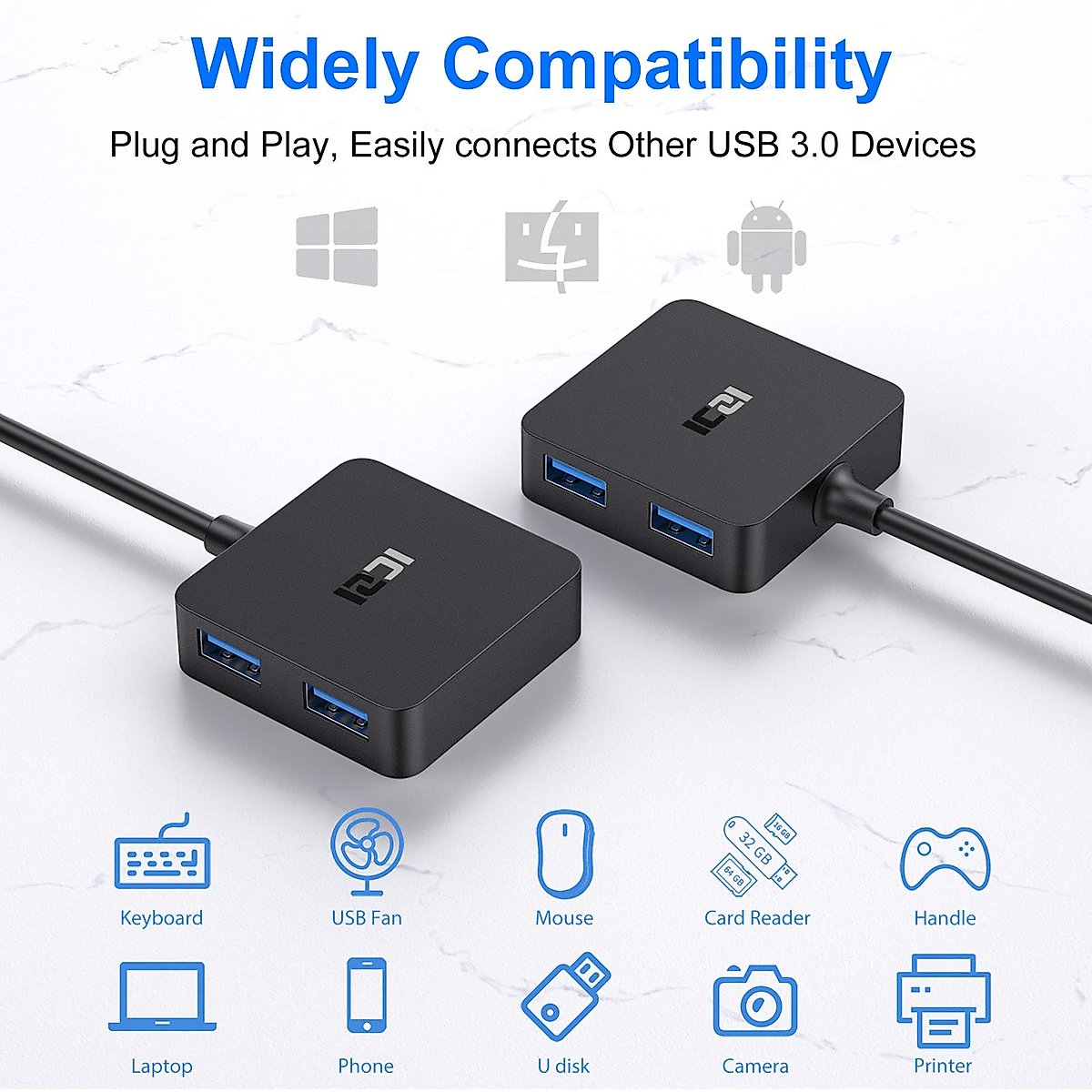ICZI USB 3.0 Hub, 4-Port Data USB Hub with 4ft Long Cable, USB Splitter Adapter for MacBook, Mac Mini, Surface Pro, XPS, Laptop, PC, Flash Drive, Mobile HDD