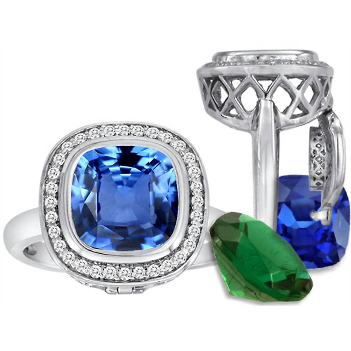 Switch-It Gems Cushion-Cut Simulated Blue Topaz Halo Ring Total of 12 Simulated Stones Sterling Silver Size 8