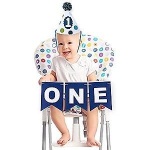 High Chair Decorations for 1st Birthday - 2-Piece Set - Boys' First Year Birthday Party Pack - Includes Felt Birthday Party Banner and Felt Party Hat - Birthday Party Supplies, Blue
