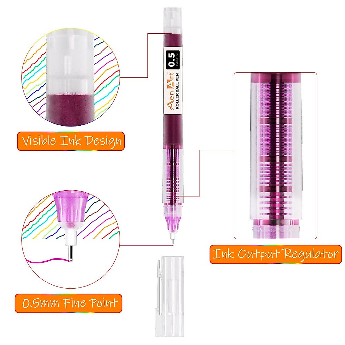 Liquid Ink Rolling Ball Stick Pens, Extra Fine Point (0.5mm) Rollerball Pens, Fine Tip 24-Pack Multicolor Ink Pen for Writing