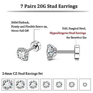 Fansilver 20G Hypoallergenic Flat Back Earrings for Women Men Silver 14K Gold Stainless Steel Stud Earrings Brithstone Cubic Zirconia Studs Surgical Steel Cartilage Earrings for Sensitive Ears