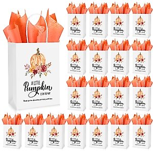 Cholemy 25 Set Pumpkin Gift Bags A Little Pumpkin Is On The Way Gift Bags with Tissue Paper Fall Gift Bags Baby Shower Candy Bags