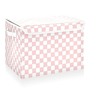 CaTaKu Pink Checkered Storage Bins with Lids Fabric Large Storage Container Cube Basket with Handle Decorative Storage Boxes for Organizing Clothes Shelves