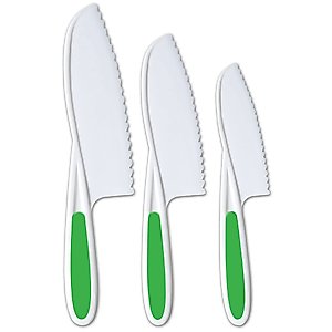 Ragazzacucine Kids Knife Set of 3 - Firm Grip, Serrated Edges & Safe – Colorful Nylon Toddler Cooking Knives to Cut Fruits, Salad, Cake, Lettuce (Green)