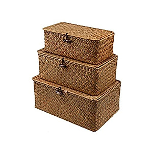 Handwoven Rattan Storage Basket,3pcs seagrass storage baskets Straw Seaweed Basket with Lid for Makeup, Clothes and Home hyacinth baskets Items woven seagrass basket