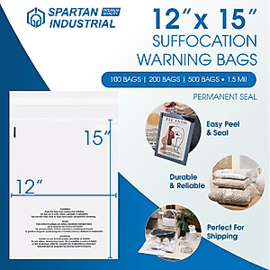 Spartan Industrial - 12” X 15” (100 Count) Self Seal Clear Poly Bags with Suffocation Warning for Packaging, T Shirts & FBA - Permanent Adhesive