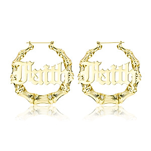 Jewenova Name Earrings Personalized Custom Bamboo Hoop Earrings 18K Gold Plated Big Hoop Earrings Custmized Jewelry for Women Mom Grandma