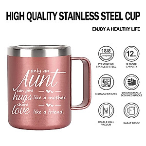 Mother’s Day Gifts for Aunt Only An Aunt Can Give Hugs Like a Mother Stainless Steel Insulated Mug with Handle Birthday Mother’s Day Gifts for Aunt Auntie from Nephew Niece Meaningful 12OZ Rose Gold