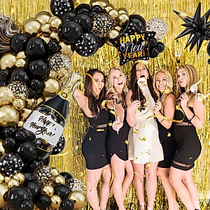 Happy New Year Party Decorations - 130pcs Black and Glod Balloon Garlands Arch Kit, Large Bottle Foil Balloon 2024 New Years Eve Party Background Anniversary Graduation Home Supplies (Black Gold)