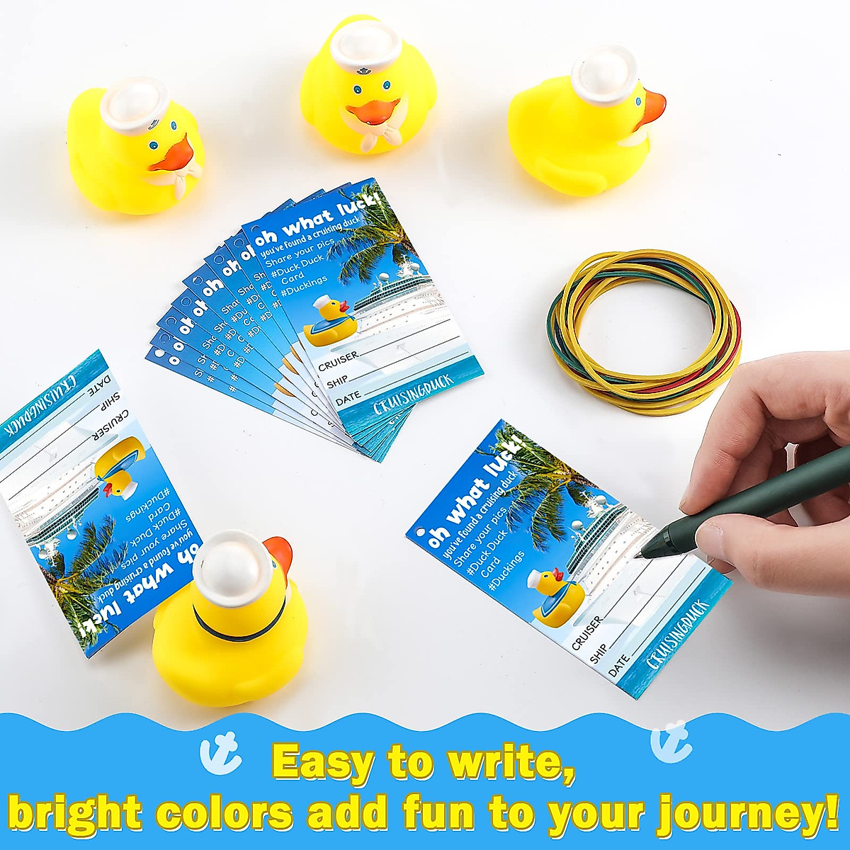Duck Tag Cruise Kits Includes Rubber Sailing Ducks for Cruise Ships, Duck Tag Cruise Ducking Game Carnival Rubber Duck Duck Tag Card and Rubber Bands for Hiding Carnival (60)