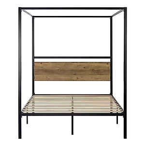 ikalido Queen Size Metal Canopy Bed Frame with Wooden Headboard, Classic Design Canopy Bed with 4 Sturdy Posters, Noise Free/No Box Spring Needed/Industrial Brown