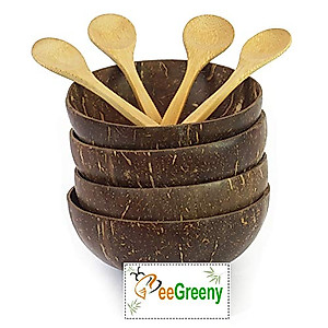 BeeGreeny Premium Coconut Bowls with Spoons (Set of 4) | Polished With Coconut Oil | Handmade, Vegan, Natural, Eco Friendly, Reusable Bowl for Breakfast, Serving, Decoration, Party