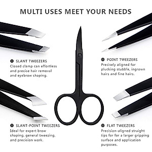 Tweezers Set 5-Piece - Professional Stainless Steel Tweezers with Curved Scissors, Best Precision Tweezer for Eyebrows, Splinter & Ingrown Hair Removal with Leather Travel Case (Black)