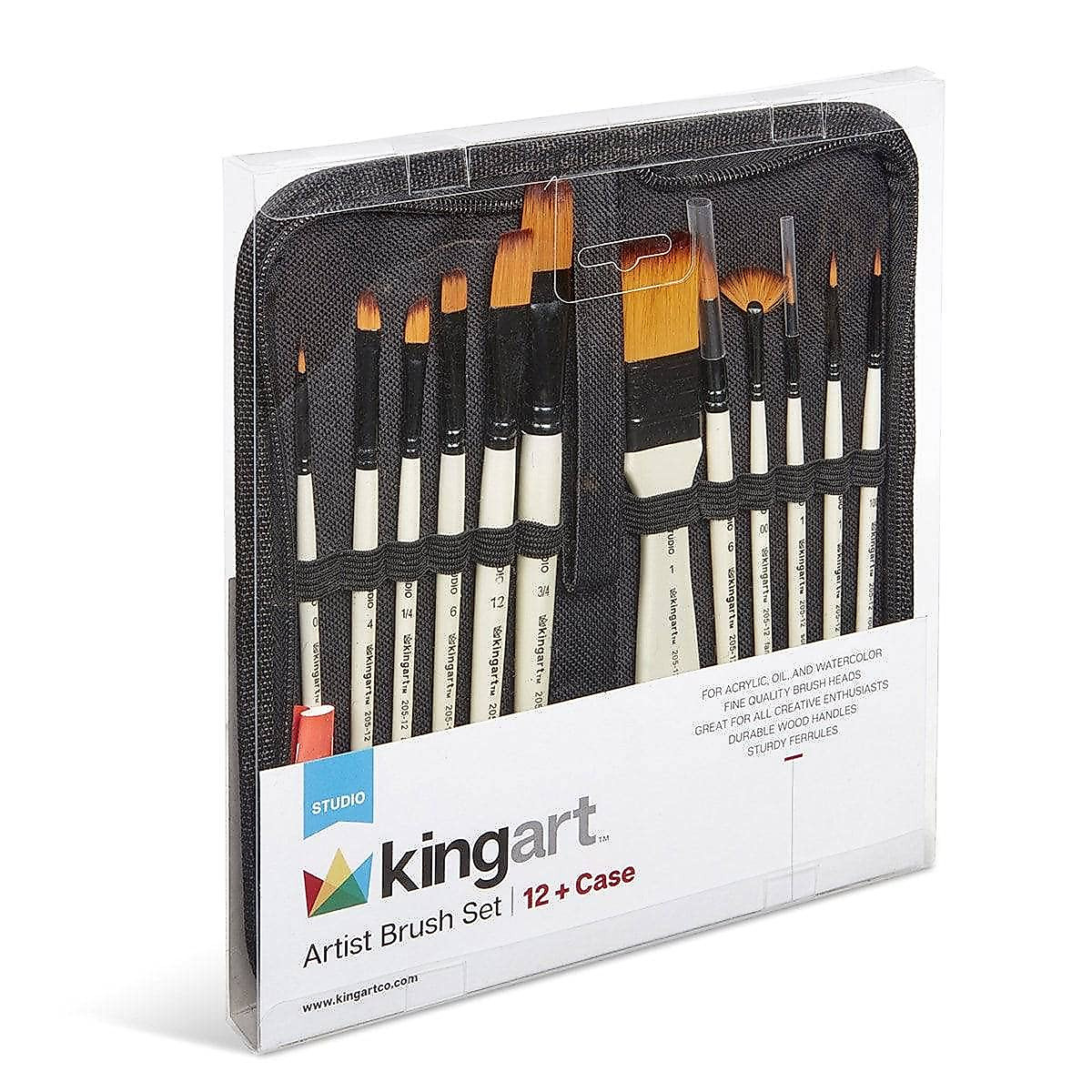 KINGART 205-12 ARTIST BRUSH SET with Carrying Case, 12 Short Handle Synthetic Hair Round, Flat & Fan Paintbrushes, Use for Oil, Acrylic and Watercolor Painting, 12 pc.