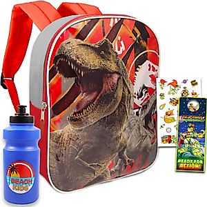 Fast Forward Jurassic World Backpack for Boys, Kids - 5 Pc Bundle with 16" Jurassic World School Backpack Bag, Water Bottle, Stickers, Backpack Clip, and More (Jurassic Park School Supplies)
