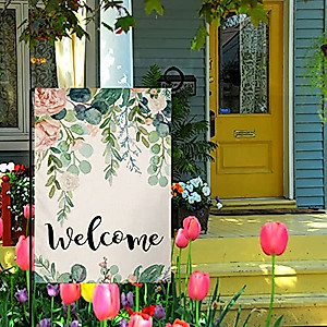 Spring Floral Welcome Garden Flag 12×18 Inch Small Vertical Double Sided Farmhouse Greenery Eucalyptus Leaves Burlap Yard Outdoor Decor