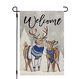 CROWNED BEAUTY Winter Garden Flag Reindeers for Outside, 12x18 Inch Double Sided Small Welcome Yard Outdoor Decoration CF696-12