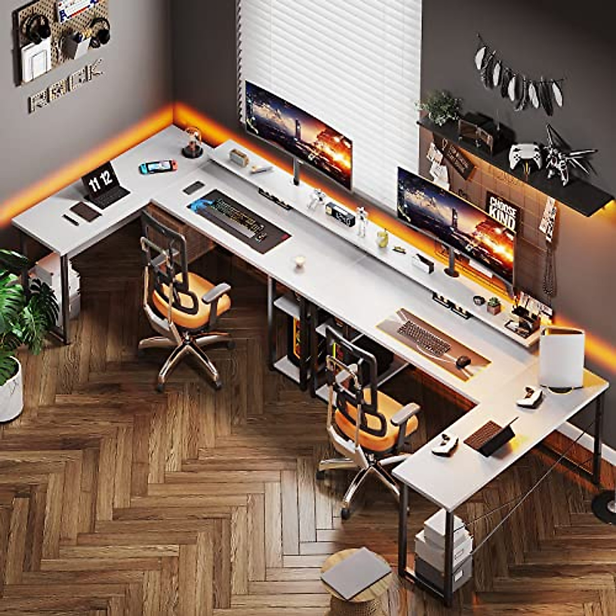 ODK L Shaped Gaming Desk, 61'' Corner Computer Desk with Monitor Stand & Storage Shelf, Sturdy Home Office Desk, Writing Desk Table, Work Desk, White