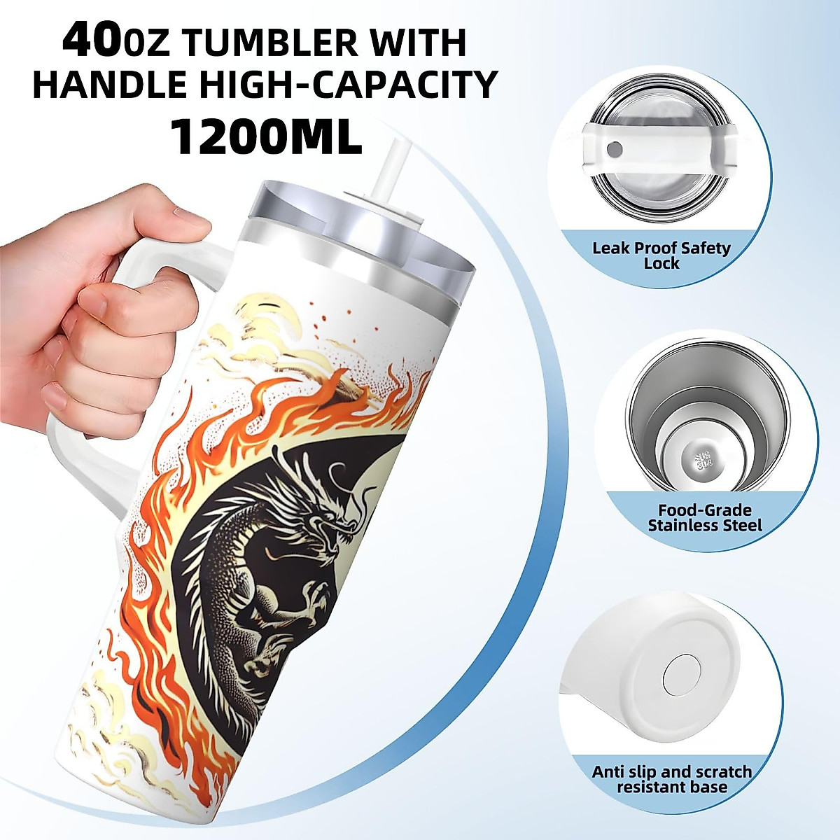 allgobee 40oz Stainless Steel Travel Mug With Handle,Yin Yang Chinese Dragon Insulated Coffee Tumbler With Lid And Straw