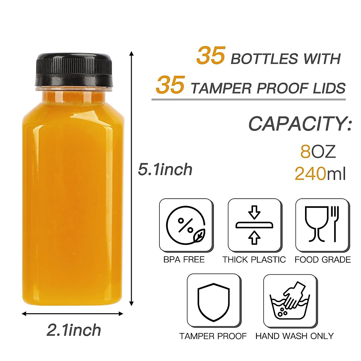 TOMNK 35pcs 8oz Plastic Juice Bottles with Caps, Reusable Clear Bottles with Label, Funnel and Brush Beverage Containers Bulk with Lids for Juicing, Smoothies, Drinking