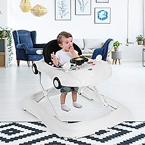 HONEY JOY Baby Walker, Foldable Seated Walker with Wheels, Adjustable Height, Steering Wheel w/Horn, Music & Lights, Removable Food Tray, Padded Seat, Car Walker for Baby Boy Girl Age 6 Months+
