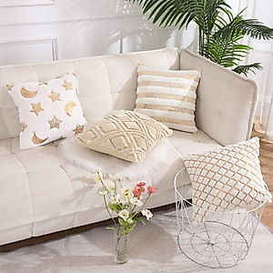 Holibeat White Moon Star Sequins Pillow Covers Fur Cushion Covers 18x18 inch Sequins DecorationThrow Pillow Cases (pack of 2)