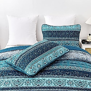 WONGS BEDDING Boho King Quilt Set, Blue Bohemian King Quilt Bedding Set, Lightweight Microfiber Bed Decor Bedspread for All Season 103"x90"(3 Pieces)