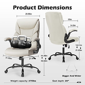ZUNMOS Executive Office Desk Chair High Back Flip-Up Armrest Adjustable Ergonomic Managerial Rolling Swivel Task, PU Leather with Lumbar Support, White