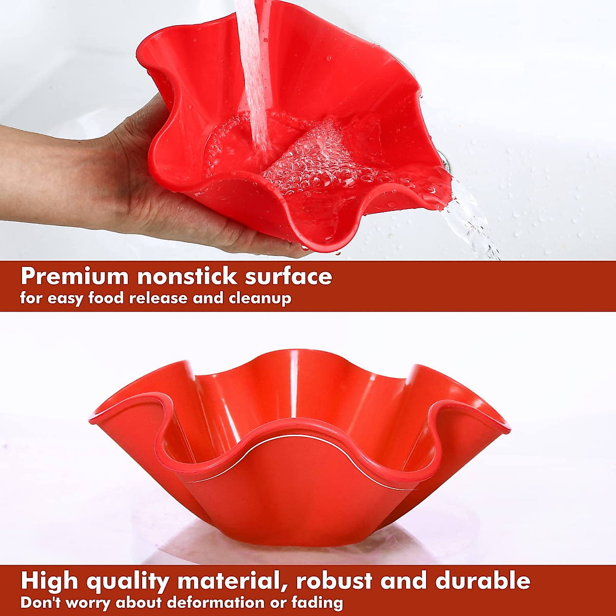 Koluti Nonstick Silicone Tortilla Shell Maker Set of 3, Colorful Taco Salad Bowl Mold, Baking Pan Tostada Baker for Kitchen, Microwave & Dishwasher & Oven Safe (Red Orange Green)