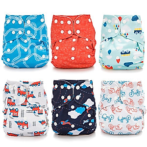 Simple Being Reusable Cloth Diapers, One Size Adjustable, Washable Soft Absorbent, Waterproof Cover, Eco-Friendly Unisex Baby Girl Boy, six 4-Layers Microfiber Inserts (Planes/Trains)