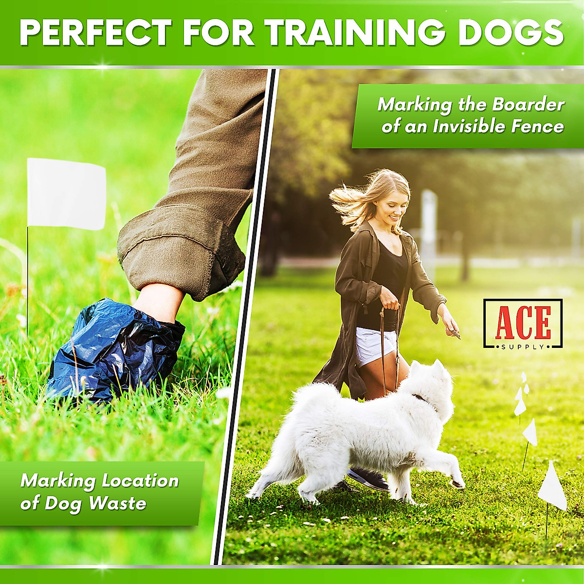 ACE Supply Marking Flags - 4 x 5-Inch Flag on 15-Inch Steel Wire - White, 100 Pack - Marker Flags for Irrigation, Sprinkler Flags, Lawn Flags, Yard Flags, Garden Flags, Dog Training, Invisible Fence