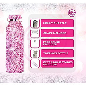 GlamKup Diamond Water Bottle Bling Cup Glitter Water Bottle Rhinestone Dazzling Stainless Steel Insulated Bottle Sparkling Cup Thermos Bottle with Chain Brush Extra Rhinestone