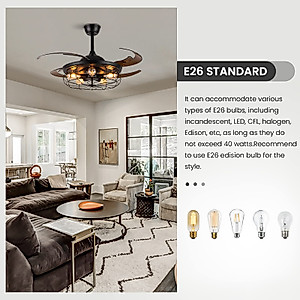 Moooni 48" Industrial Caged Ceiling Fan with Lights and Remote, Black Fandelier, Vintage Retractable Blades Chandelier Fan Light Kit for Bedroom Farmhouse