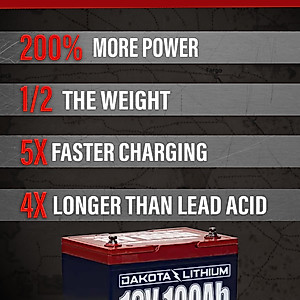 Dakota Lithium - 12V 100Ah LiFePO4 Deep Cycle Battery - 11 Year USA Warranty 2000+ Cycles - Built in BMS, For Ice Fishing, Trolling Motors, Fish Finders, Marine, Charger not Included