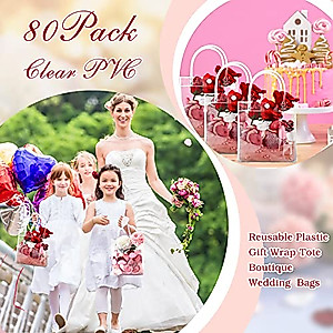 80 Pieces Clear Gift Bags Small PVC Bags Reusable Transparent Bags with Handles Mini Cute Plastic Bags Gift Wrap Bags Tote Shopping Bag for Wedding Birthday Baby Shower Party, 5.9 x 6.3 x 2.8 Inch
