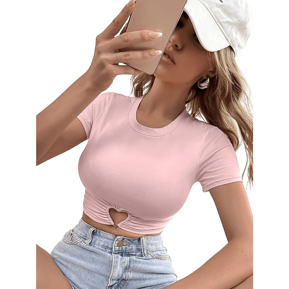 SOLY HUX Women's Summer Crop Top Short Sleeve T Shirt Cute Tee Light Pink L