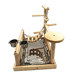 Borangs Parrots Playstand Bird Playground Wood Perch Training Stand Cockatiel Playpen Ladders Birds Swing Wood Gym Tabletop with Feeder Cups Toys Exercise Play(Design B)