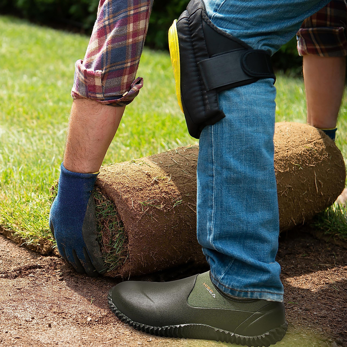 Hisea Unisex Waterproof Garden Shoes Ankle Rain Boots Mud Muck Rubber Slip-On Shoes for Women Men Outdoor Green Size: 11.5 Women/9 Men